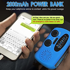 DaringSnail Emergency Hand Crank Radio with LED Flashlight for Emergency, AM/FM Portable Weather Radio with 2000mAh Power Bank Phone Charger, USB Charged & Solar Power for Camping, Emergency(Blue)