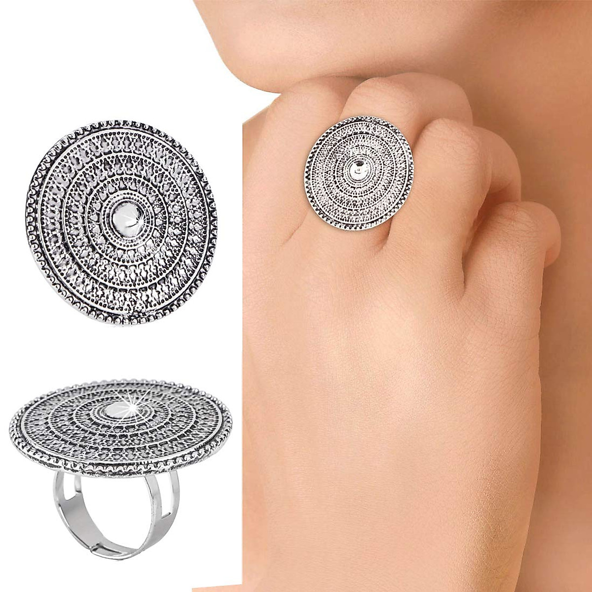 Yellow Chimes Designer Artistic Crafted Indian Bollywood Style Mirror Worked Oxidized Silver Combo of 3 Traditional Party Ware Adjustable Rings Indian Traditional Jewelry for Women from