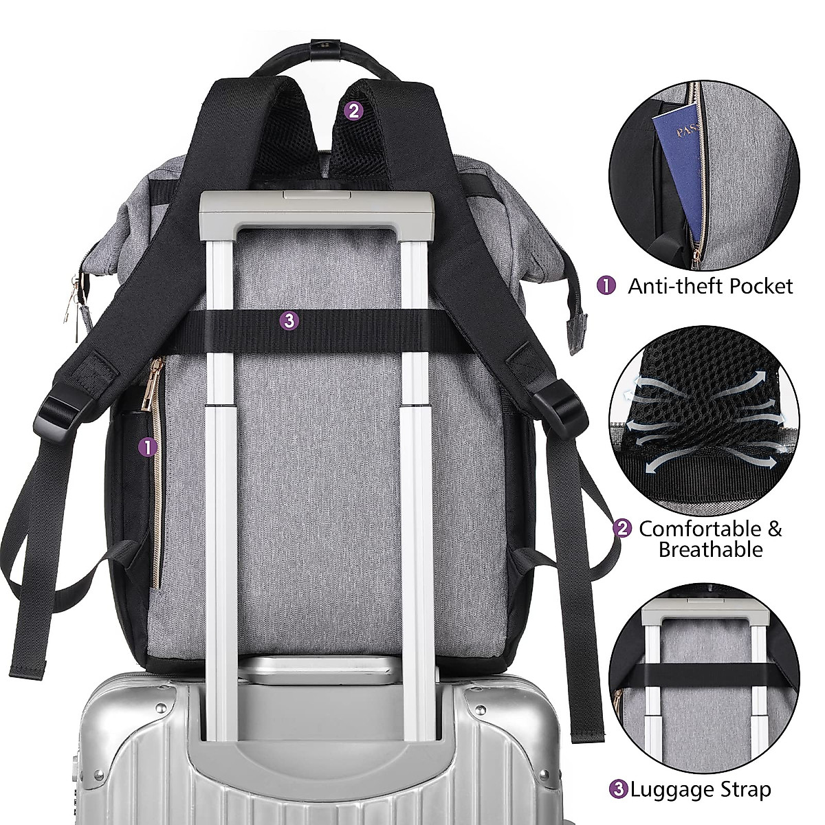 MOMUVO Laptop Backpack for Women Laptop Bag with USB Port, Student Bookbag Water Resistant Backpacks Teacher Doctor Nurse Work Backpack Stylish Travel Bags, Fits 17-Inch Laptop Grey Black