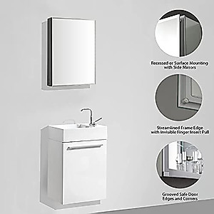16 Inch x 20 Inch Aluminum Bathroom Medicine Cabinet, Recess Or Surface Mount