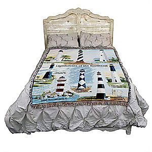 Lighthouses of the Southeast Blanket - Key West Cape Hatteras Sapelo Tybee Harbor Lookout Canaveral Hunting Island - Coastal Ocean Gift Tapestry Throw Woven from Cotton - Made in the USA (72x54)