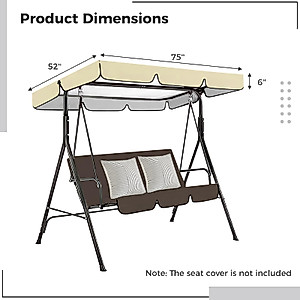 Patio Swing Canopy for 3-Seat Swings,Waterproof & Sunproof Porch Swing Chair Top Cover Replacement for Sunshade, Made of 190T High-Density Polyester, 75 x 52 x 6’’(seat Cover is not Included)
