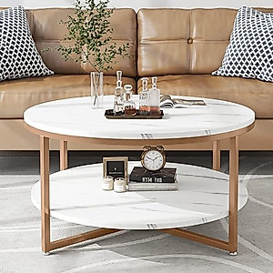 Two-Tier Round Marble Modern Coffee Table with Metal Legs and Open Storage Shelf for Living Room White Gold Contemporary MDF Wood Finish Water Resistant
