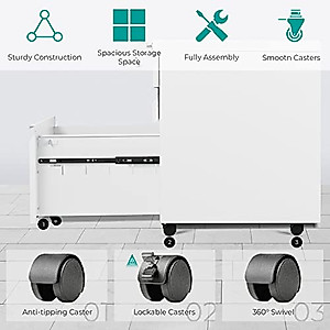 INTERGREAT 3 Drawer Filing Cabinet with Lock, White File Cabinet with Wheels, Locking Metal Cabinets for Home Office