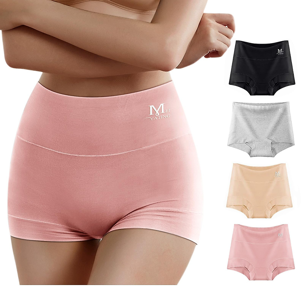 MEIYATING Boy Shorts Underwear for Women High Waisted Boxers Briefs Cotton Panties Boyshort Stretch 4 Pack