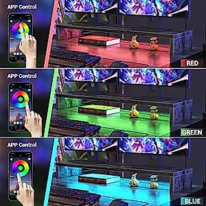 armocity Computer Desk with LED Lights, 55 Inch Desk with Power Outlet and USB, Reversible Large Desk with Moveable Monitor Stand, 55.2'' Gaming PC Table for Home Office, Workstation, Grey and Black