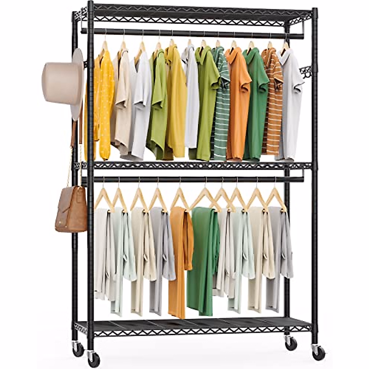 LEHOM G1 3 Tiers Garment Rack with Storage Shelves, Heavy Duty Rolling Free-Standing Clothing Rack Closet Organizer with Double Rods/Lockable Wheels & 2 Pairs Side Hooks, Max Load 450 LBS, Black