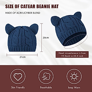 Cute Cat Ear Beanie Hat Cat Knitted Hat Winter Knit Cable Hat for Women Girls (Blue)