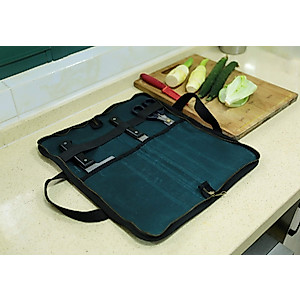 Chef's Travel Knife Case, Portable Knife Roll Bag For Men And Women, Waterproof Waxed Canvas, Strong Zipper, 5 Slots (Dark Green)
