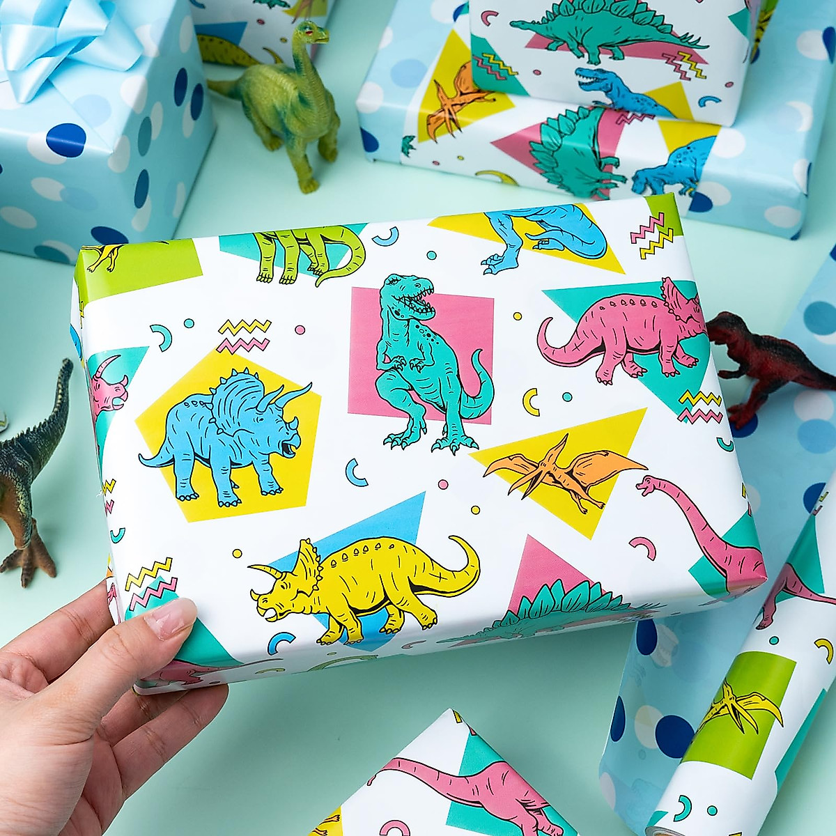 MAYPLUSS Wrapping Paper Sheet - Folded Flat - 3 Large sheets - Green Dinosaurt Design(22.6 sq.ft.ttl) - 27.5 inch X 39.4 inch Per Sheet