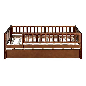 DEINPPA Twin Bed with Trundle, Kids Daybed Trundle Bed, Wooden Bed Frame with Fence Guardrails for Kids Children Toddlers Boys Girls-Walnut