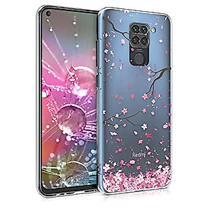 kwmobile Clear Case Compatible with Xiaomi Redmi Note 9 - Phone Case Soft TPU Cover - Cherry Blossoms Pink/Dark Brown/Transparent