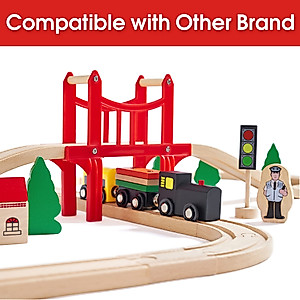 Tiny Land 74 Pcs Wooden Train Set with Battery Operated Train & Wooden Tracks -fits Thomas, fits Brio, fits Chuggington, fits Melissa and Other Major Brands for Kids Toys for 3+ Years