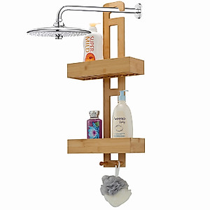 Basicwise Bathroom Multi-function Natural Bamboo Storage Rack Over Shower Head Organizer, Shower Ball, Shampoo, Conditioner, Soap Holder