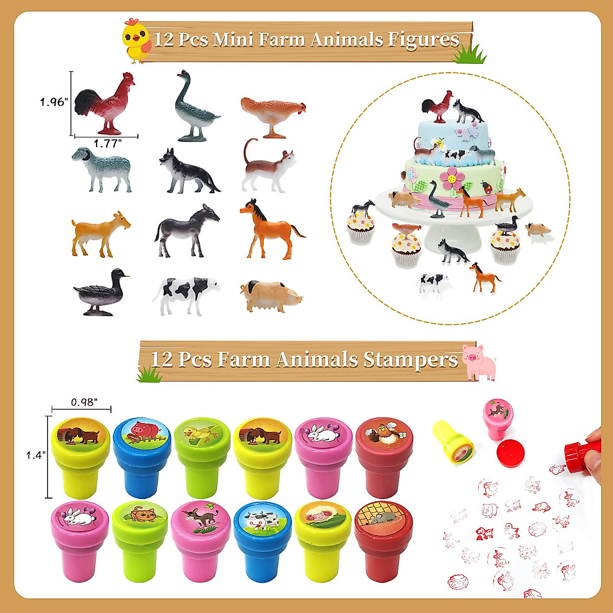 Farm Animals Party Favors Supplies 108 Pcs Birthday Party Decorations Goodie Boxes Bubble Wands Stampers Rubber Pigs Figures Keychains Pull Back Cars Slap Bracelets Stickers Toys For Kids Boys Girls