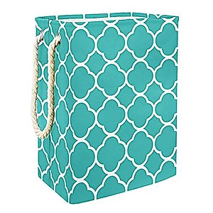AISSO Large Laundry Hamper Basket Waterproof Dirty Cloth Storage Bins with Handle for Bedroom Laundry Room Bathroom Quatrefoil Pattern Teal Green Seamless Design
