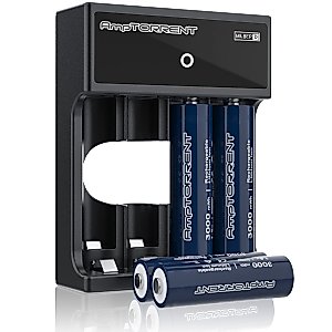 AmpTORRENT Rechargeable Lithium AA Batteries, 3000mWh Rechargeable AA Batteries with Charger, 1.5V AA Lithium Battery Constant Output, 2 Hour Fast Charging, Leakproof Design, 1600 Cycles