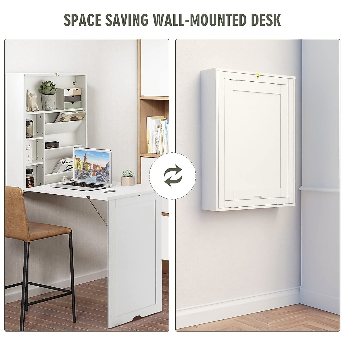 IFANNY Folding Wall Mounted Desk, Fold Down Desk with Storage Shelves, Wood Convertible Desk for Small Spaces, Murphy Desk Wall Mount, Floating Desk for Home Office (White)