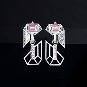 JewelryPalace Emerald Cut 6.3ct Pink Cubic Zirconia Dangle Earrings for Women, Openable geometric 925 Sterling Silver 14k Gold Plated Earrings for Her, Art Deco Gemstones Jewelry Sets for Women
