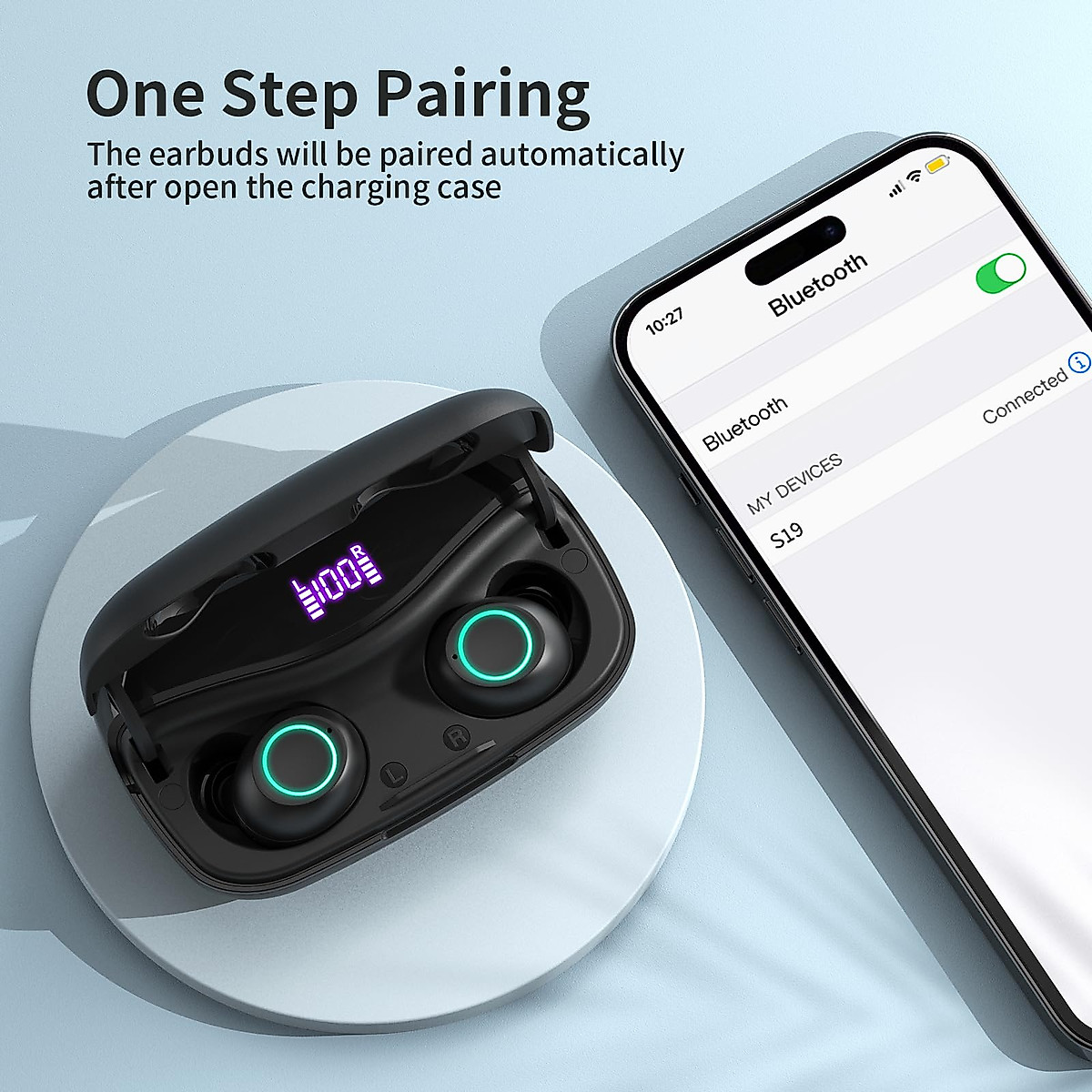 PSIER Wireless Earbuds Bluetooth Headphones 153H Playtime Ear Buds Digital LED Display Cell Phones Charging Function with 2000mAh Charging Case