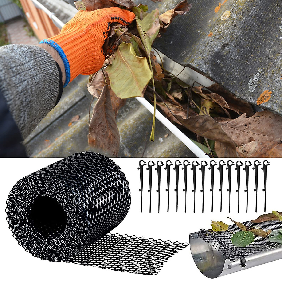 DEYROS Gutter Guard Mesh, 15cm X 6m Gutter Guards Leaf Protectors, Mesh Gutter Safeguard with 15 Fixing Hooks, Blocking Garbage Leaf Prevention Gutter Mesh for Leaves, Twigs and Branches