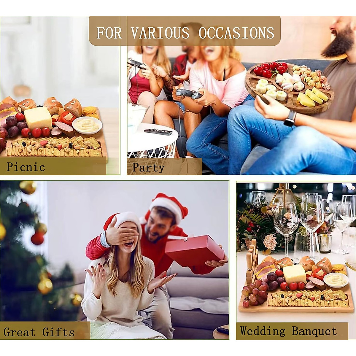 Cheese Board and Knife Set,Bamboo Charcuterie Board Set with Round Tray,Cheese Platter Serving Tray,Cheese Plate Set,Perfect, Birthday，Housewarming