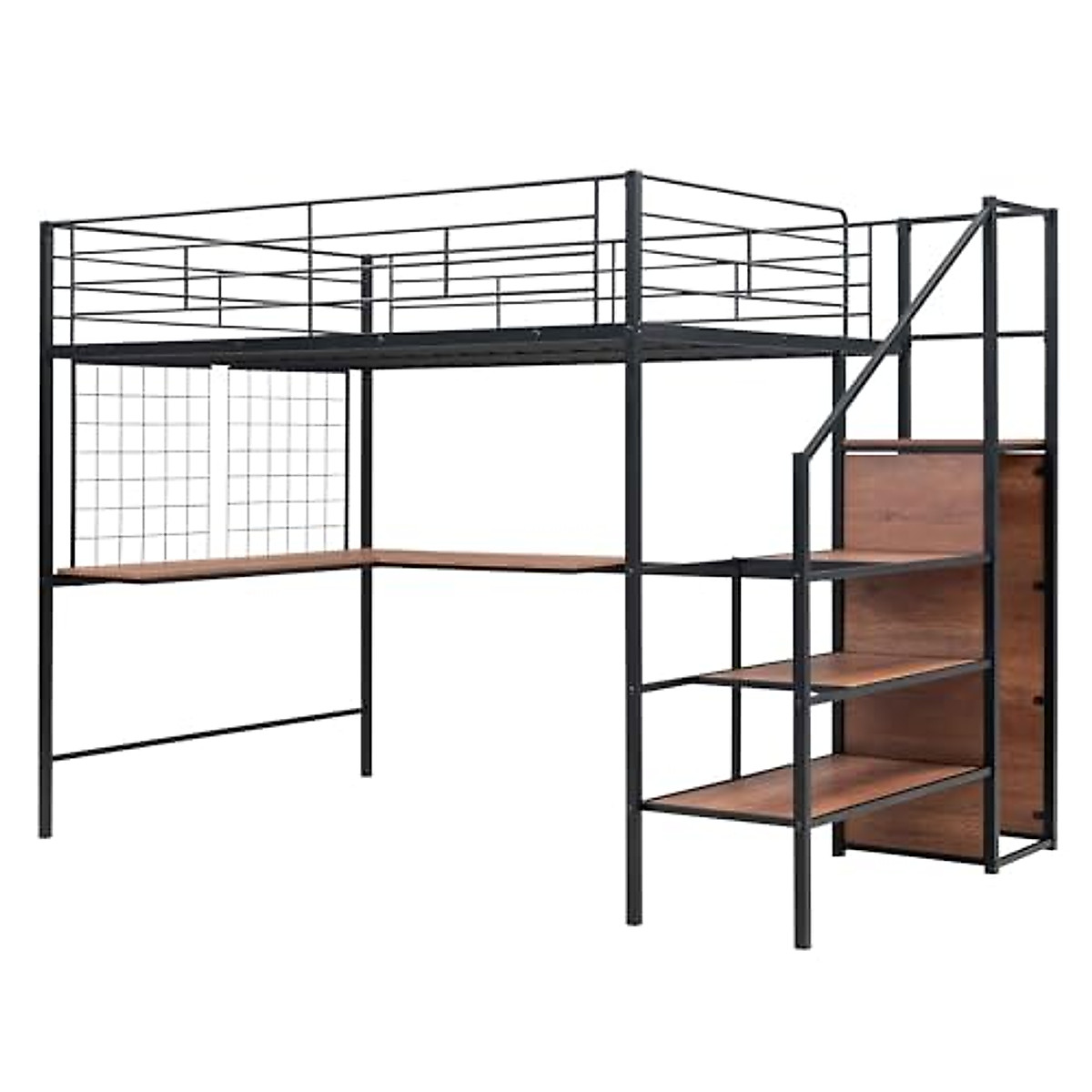ATY Full Size Loft Bed with L-Shaped Desk and Wardrobe &Storage Shelves, Stairway Metal Bedframe w/Grid, Save Space Design, for Bedroom, Dorm, No Spring Need Required, Black