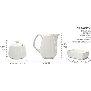 Darware Sugar and Creamer Set - 3-Piece Set w/Cream Pitcher, Sugar Bowl, Sweetener Packet Holder, White Ceramic Tea/Coffee Set
