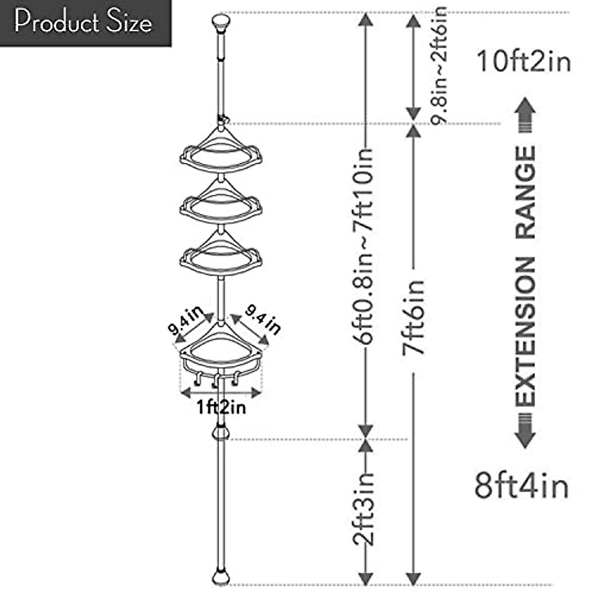 H&A Tension Shower Caddy Pole, Bathroom Corner Shower Rack, Stainless Steel Pole and Rustproof-White