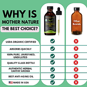 Mother Nature USDA Organic Moringa Seed Oil, 100% Pure, Cold-Pressed, Unrefined Moringa Oil for Face, Skin Care & Hair Growth, Aceite de Moringa para la Cara, Anti-Aging. Non-GMO & Gluten Free (4 Oz)