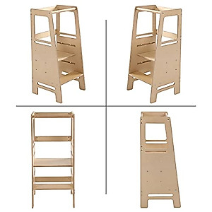 Height Adjustable Kitchen Step Stool for Kids and Toddlers with Safety Rail Children Learning Standing Tower for Kitchen Counter and Bathroom Sink Helper, Solid Wood