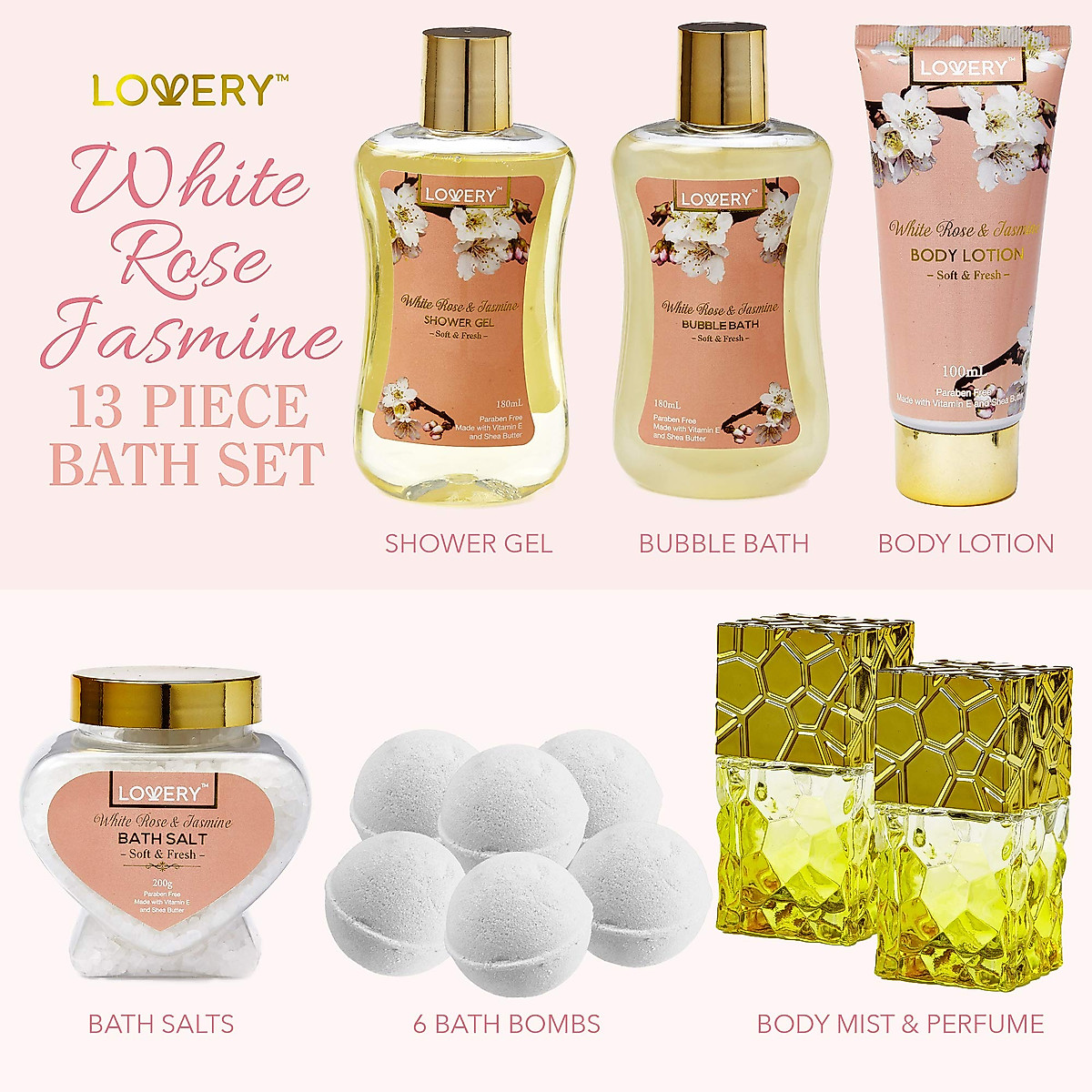 Valentines Day Perfume Set, Bath and Body Gift Basket For Women, 13pc Set of White Rose & Jasmine Cosmetic and Home Spa Set with Bath Bombs, Body Mist, Perfume, Intricate Gold Perfume Holder and More