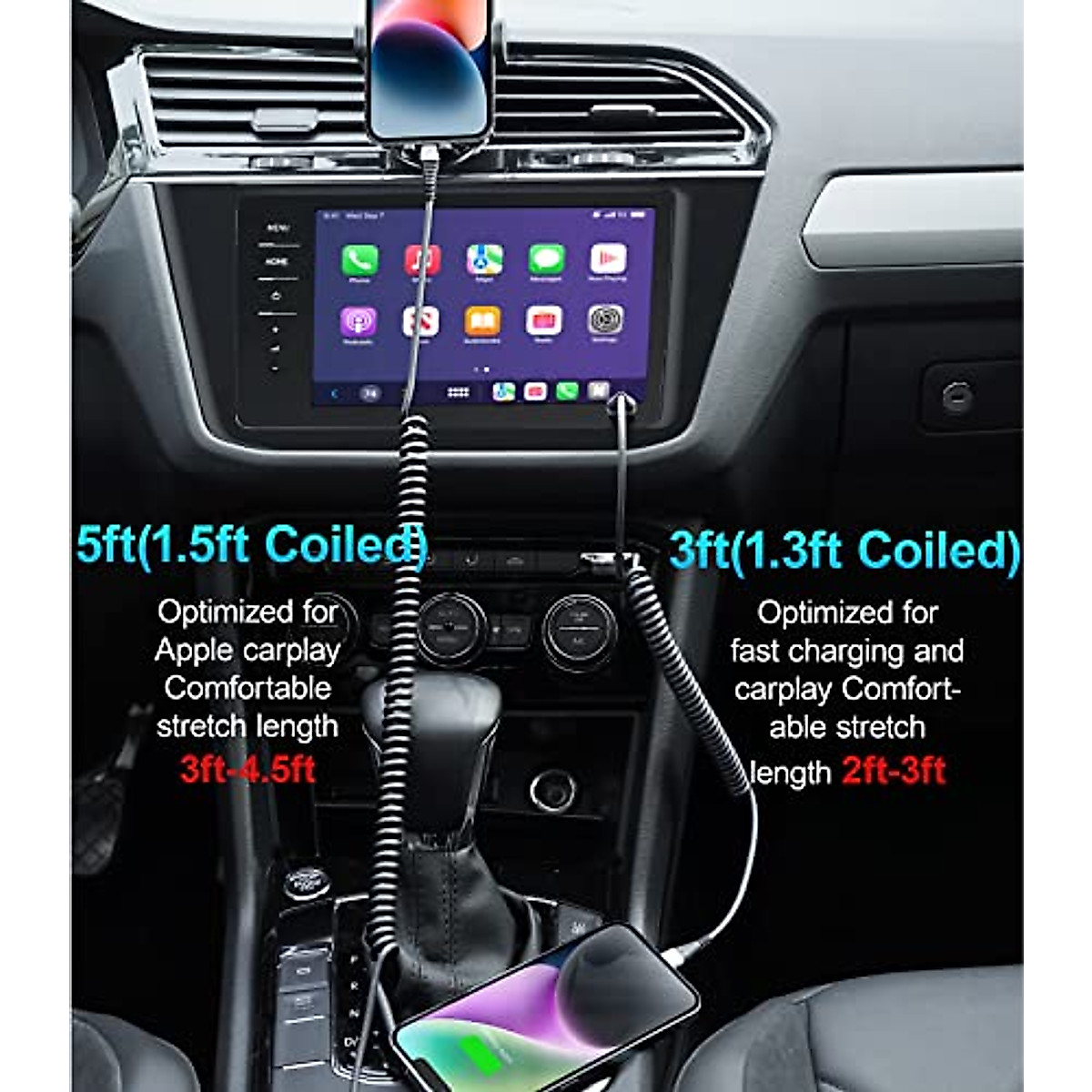 Coiled Lightning Cable 3ft, 2 Pack iPhone Charger Cable for Car, [Apple MFi Certified] Short Retractable Charging Cord Compatible with iPhone 14/13/12/11 Pro Max/XS MAX/XR/XS/8/iPad/iPod/CarPlay