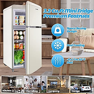 WANAI 3.2 Cu.Ft Mini Fridge with 2 Doors, Mini Fridge with Freezer, 40 dB Quiet, 7-Settings Mechanical Thermostat, Small Refrigerator for Bedroom Office, Dorm or Garage,Cream