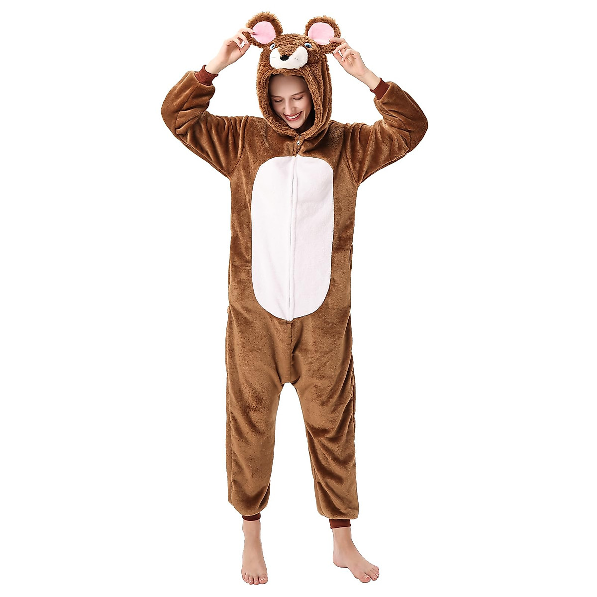 EJsoyo Onesie Adult Reindeer Costume Dinosaur Sleepwear Animal Lion Mouse Cosplay Pajama Teens Halloween Costume (Large, Brown Mouse)
