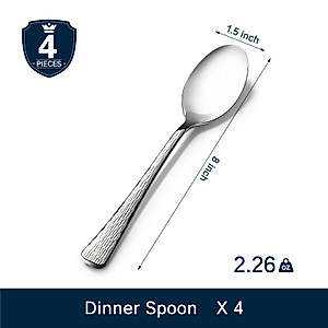 KINGSTONE 4-Piece Dinner Spoons, 18/10 Stainless Steel Soup Spoons Set, 8" Hammered Metal Spoons for Home, Kitchen or Restaurant, Non-toxic & Mirror Polished, Dishwasher(Dinner Spoons Set, 4 PCS)