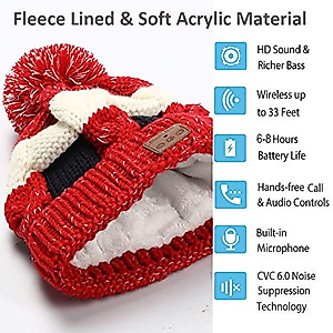 Ceotsak Wireless Beanie Hat Lined with Woolen with Detachable HD Stereo Speakers & Mic, Pom Pom Beanie Music Hats for Women Music Beanie with Rechargeable USB Winter Fitness Sports Red and Blue