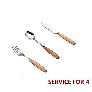 MBB 12 Pieces Stainless Steel Cutlery Set Short Wood Handle Flatware Set Knife Fork Spoon Service for 4