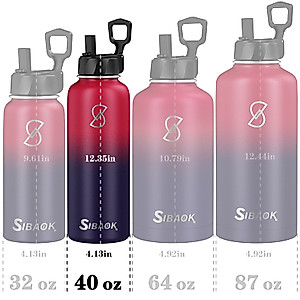 40 oz Water Bottles, Sibaok Stainless Steel Insulated Water Bottle with Straw, Handle & 2 Lids- Double Wall Vacuum Leak Proof Sport Water Bottles, Keep Water Cold and Hot, Thermos Jug Canteen