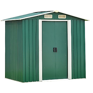 Steel Garden Storage Shed 6' x 4' - Utility Tool House with Vents Garden Storage House Metal Shed for Patio (Green)