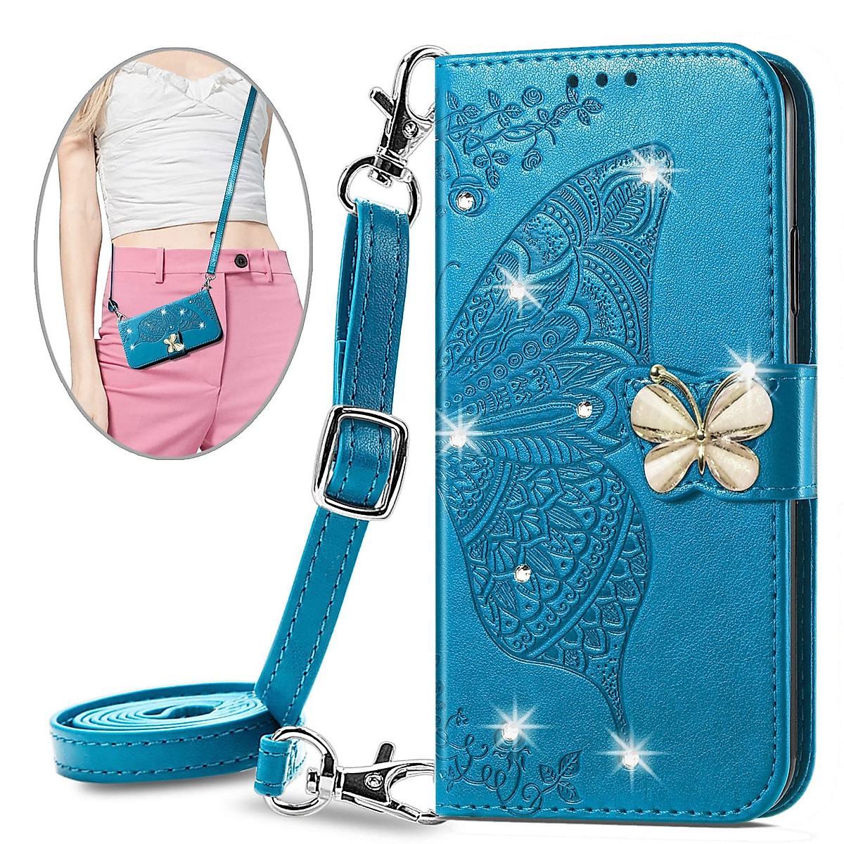 ONV Wallet Case Compatible with Samsung Galaxy S9 Plus -1.5M Adjustable Strap Emboss Butterfly Flip Phone Case Card Slot Magnet Leather Shell Flip Stand Cover for Samsung Galaxy S9 Plus [ZS] -Blue