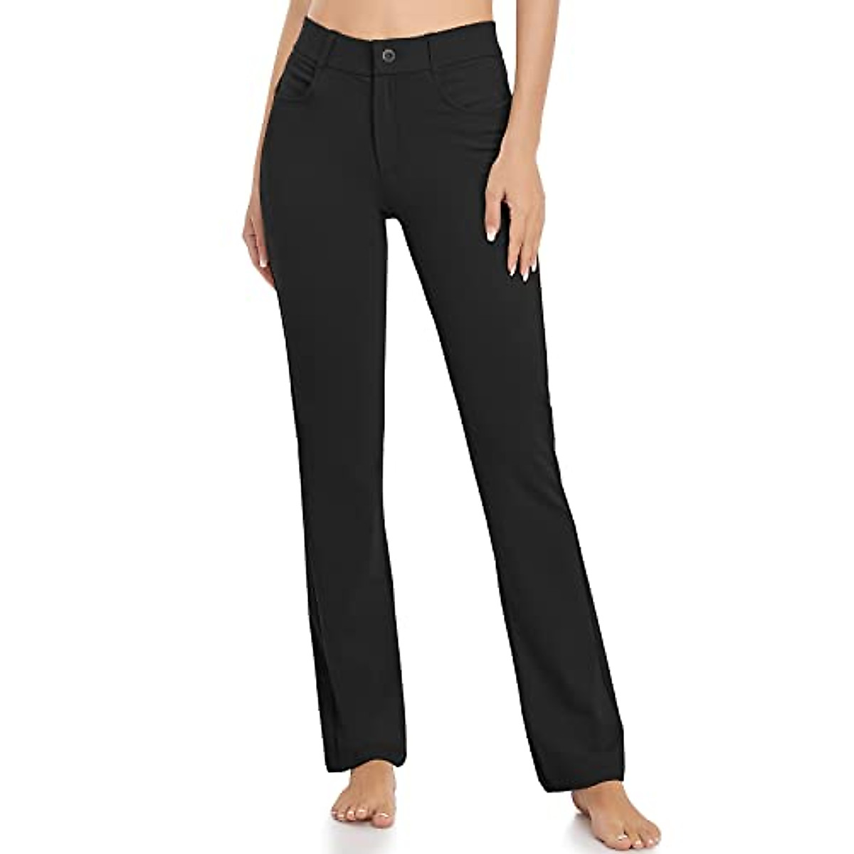 HISKYWIN Womens Dress Pants Yoga Work Office Business Casual Slacks Stretch Bootcut Petite Golf Pants with Pockets Zipper Fly HF833A-Black-XL