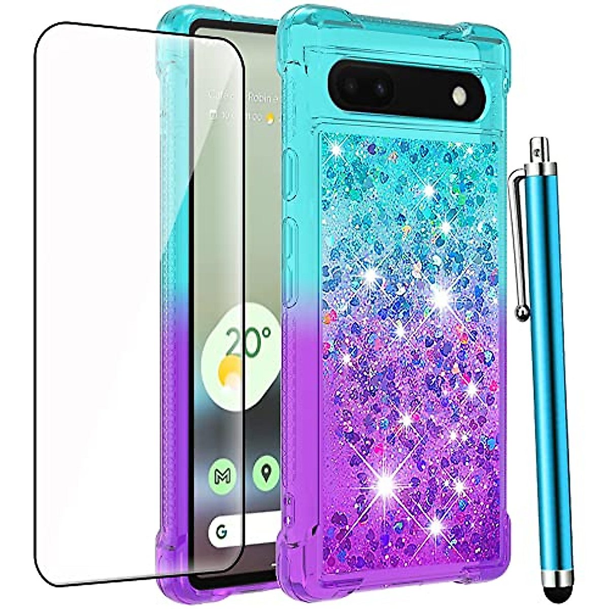 CAIYUNL for Google Pixel 7a Case with Screen Protector, Glitter Bling Floating Liquid Women Girls Soft TPU Slim Cute Phone Case Shockproof Protective Cover for Google Pixel 7a (2023)-Blue/Purple