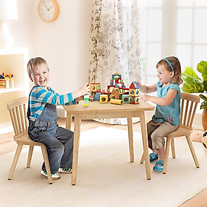 Curipeer Windsor Kids Table and 2 Chair Set, Rubberwood Toddler Table and Chair Set for Art, Play, Craft, Activity, Children Table with Non-Slip Legs/Round Edge Design, Natural Wood