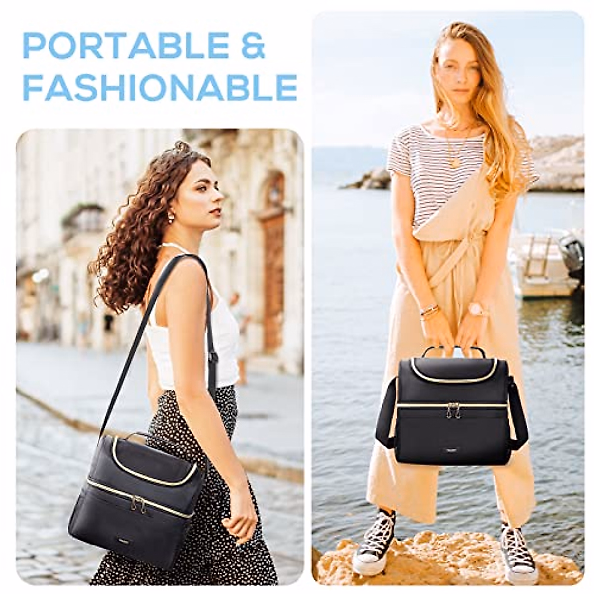 TOURIT Dual Compartment Lunch Bag Women Insulated Lunch Box Cooler Bag for Men, Women, Work, Picnic, Black