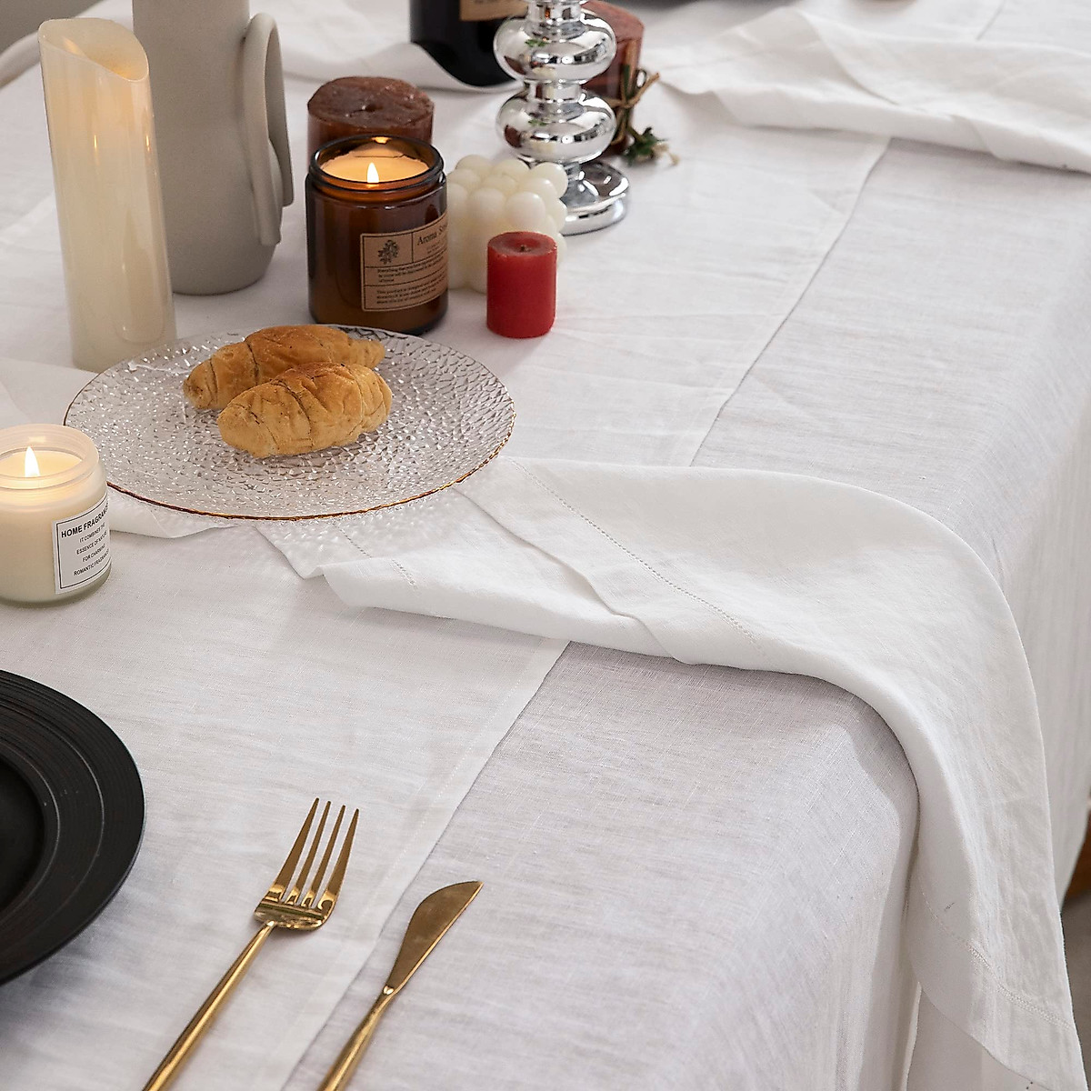 EVERLY Pure Linen Hemstitch Tablecloth,100% Stonewashed French Linen tablecloths for Kitchen Dining Rectangle Tables,60x108Inch Machine Washable Christmas Thanksgiving Organic Tablecloth-White