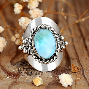 Boho-Magic Sterling Silver Larimar Ring for Women Oval Gemstone Boho jewelry (11)