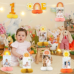 ojustbeok Boho Sun Photo Honeycomb Centerpiece for 1st Baby Birthday Decorations Sunshine Birthday Table Topper Centerpiece Boho Rainbow Baby Shower Party Supplies for Baby Boys Girls Birthday