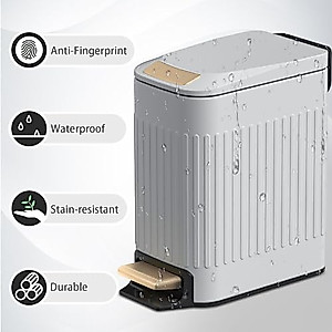 CEROELDA Small Bathroom Trash Can with Plastic Lid, 6L/1.6 Gal Stainless Steel Slim Garbage Can-Metal Wastebasket-Rectangle Pedal Step Trash Bin -for Narrow Kitchen Bedroom Office Toilet-White