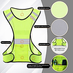 Reflective Running Vest for Men Women, High Visibility Safety Vest with Large Pocket, Lightweight Reflective Running Gear for Motorcycle,Cycling,Jogging,Walk At Night, Adjustable Waist, 2 PCS, Yellow